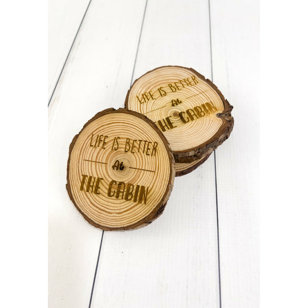Life is Better at the Cabin Log Coaster Set – Engraved Elegance